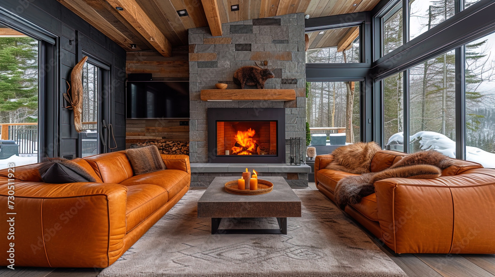 The interior of the living room with an artificial facing fireplace ...