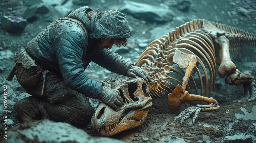 The ancient skeleton of the dinosaur, the archaeologist carefully ...