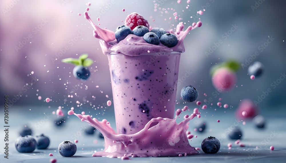 delicious blueberry smoothies frappe with juice splash and swirling ...