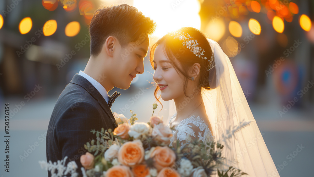 Amidst the soft, golden glow of the setting sun, the Chinese bride and ...