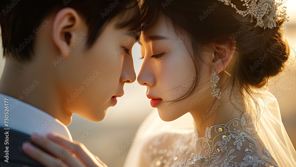 Amidst the soft, golden glow of the setting sun, the Korean bride and ...