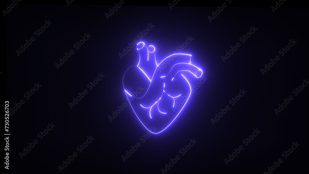 Human heart, a bright neon heart. Blood is ejected from left ventricle ...