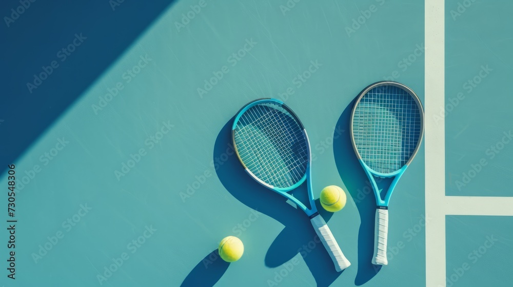 Tennis court panorama background with blue racket and two tennis balls ...