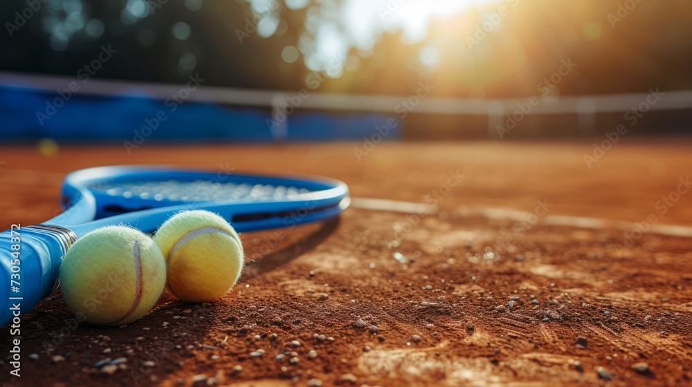 Tennis court panorama background with blue racket and two tennis balls ...