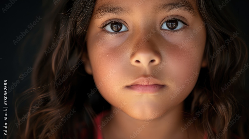 A young girl of Latino descent looks fearful and uncertain as she talks ...