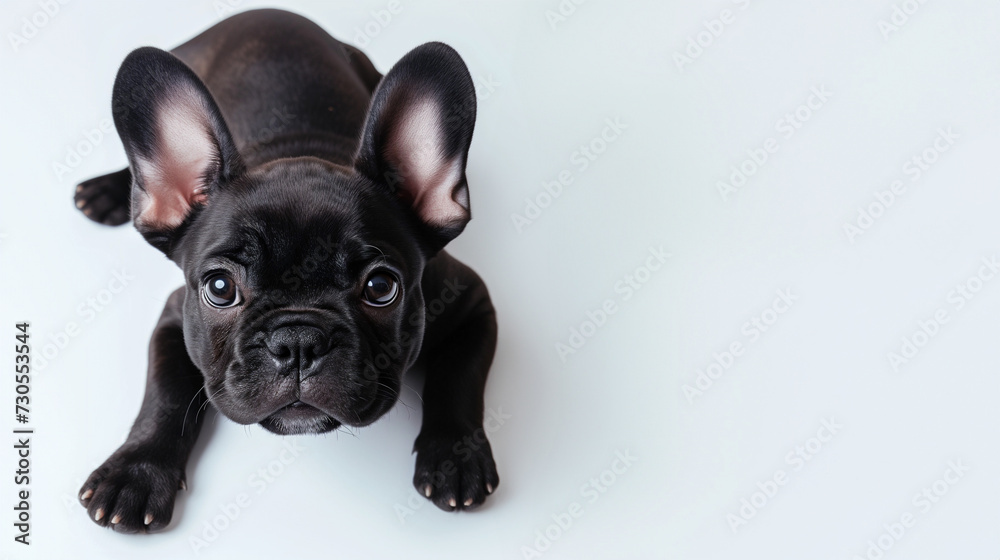 Cute black french bulldog puppy laying down, frenchie on white ...