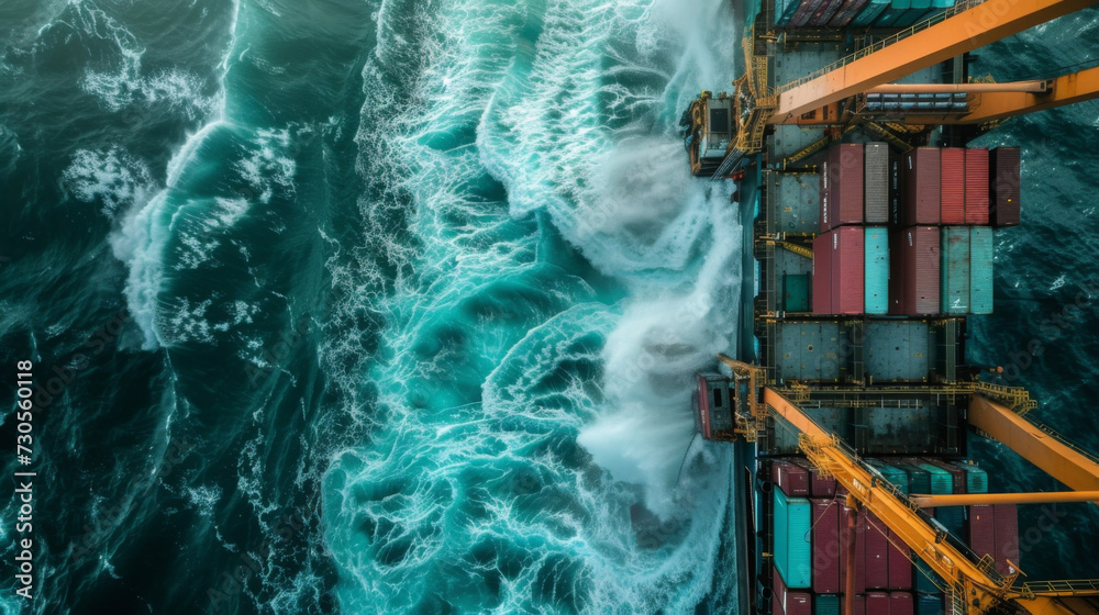 As waves crash against the side of a container ship cranes load and ...