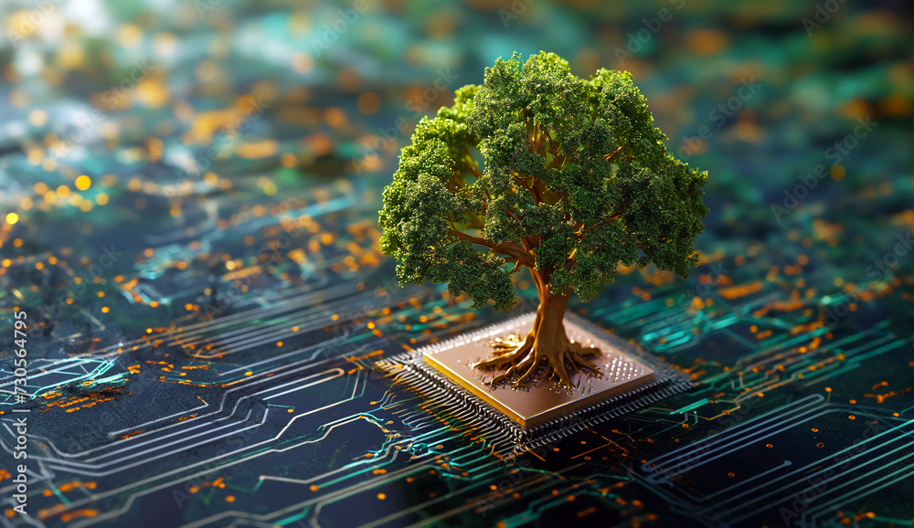 full green tree grows from a microchip on a circuit board, with glowing ...