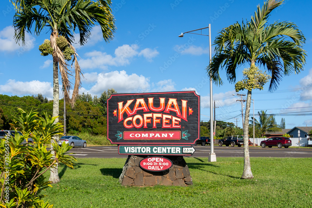 Kauai, Hawaii, USA - January 18, 2024: Kauai Coffee Company sign is ...