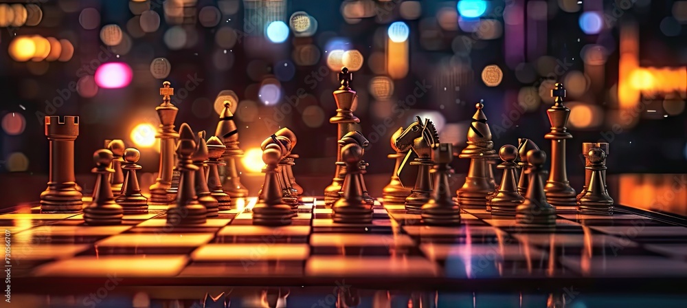 Strategically positioned chess pieces on board against backdrop of ...