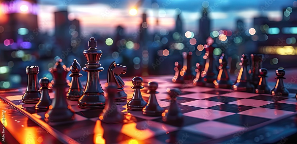 Strategically positioned chess pieces on board against backdrop of ...
