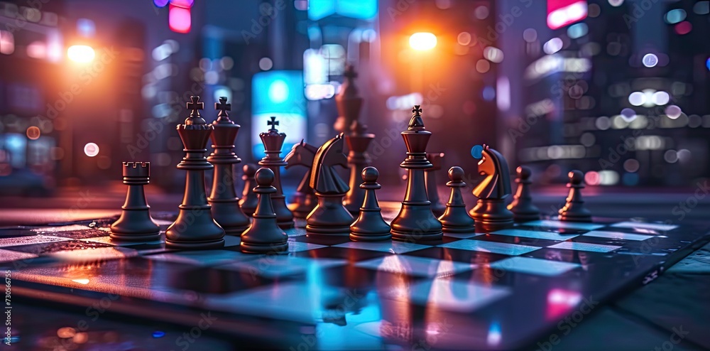 Strategically positioned chess pieces on board against backdrop of ...