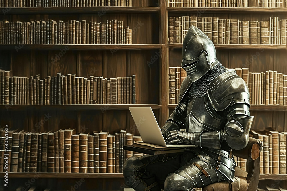 A medieval knight, armed with a laptop, explores a library, symbolizing ...