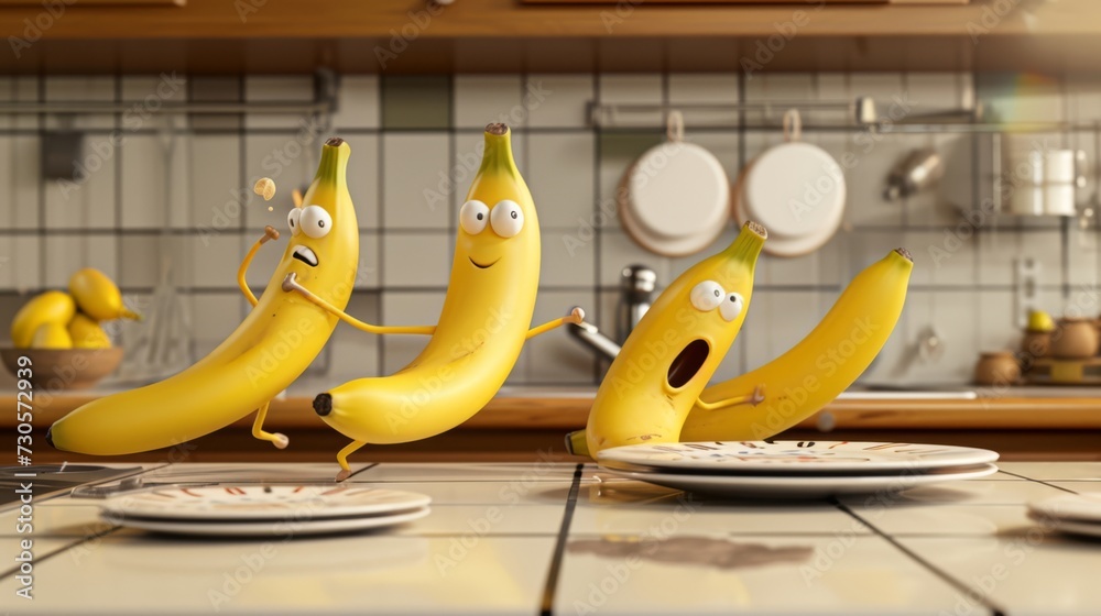 Cartoon scene of a banana trio breakdancing on a kitchen counter one ...