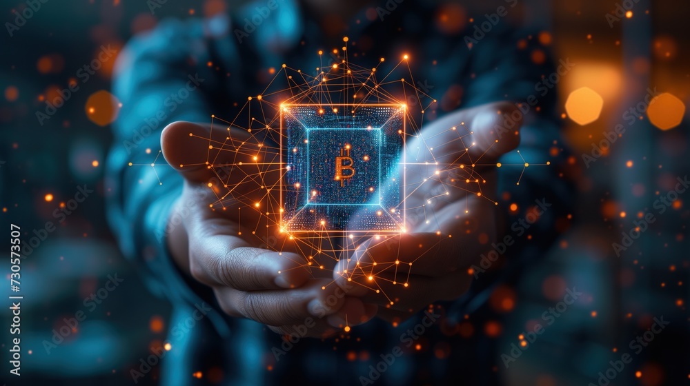 Futuristic representation of blockchain technology in a businessman's ...