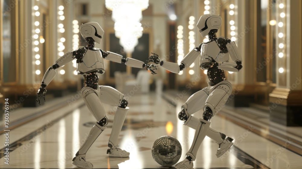 One robot using its robotic arm to spin its partner in a graceful ...