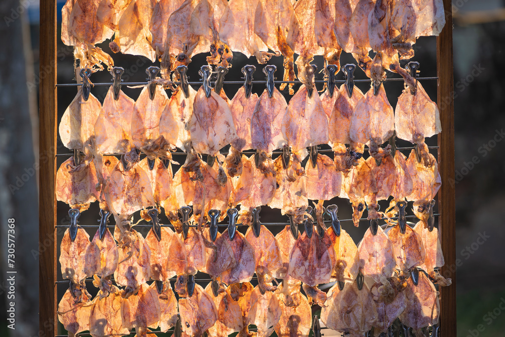 Background and texture of Grilled dried squids hanging on the rack show ...