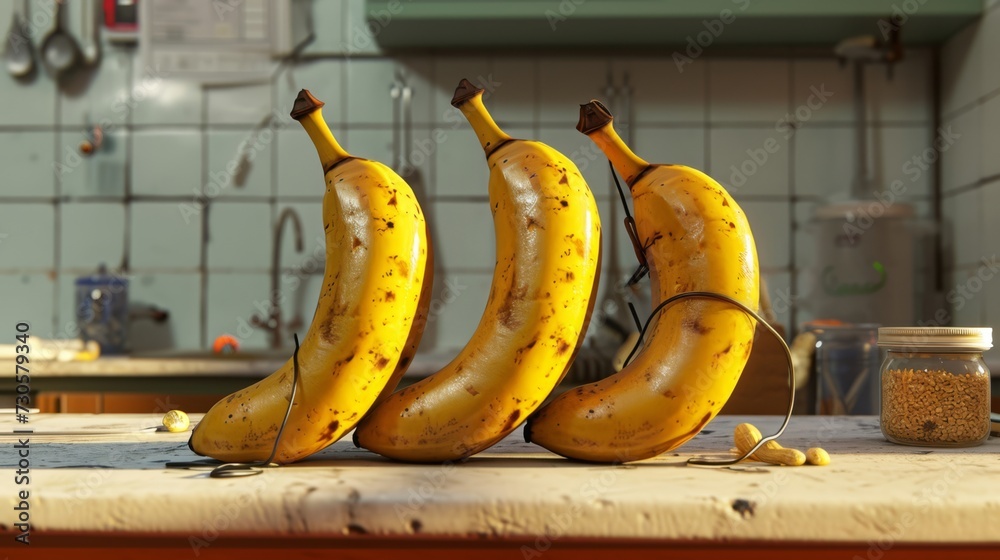 Three bananas on a kitchen counter showing off their smooth moves until ...