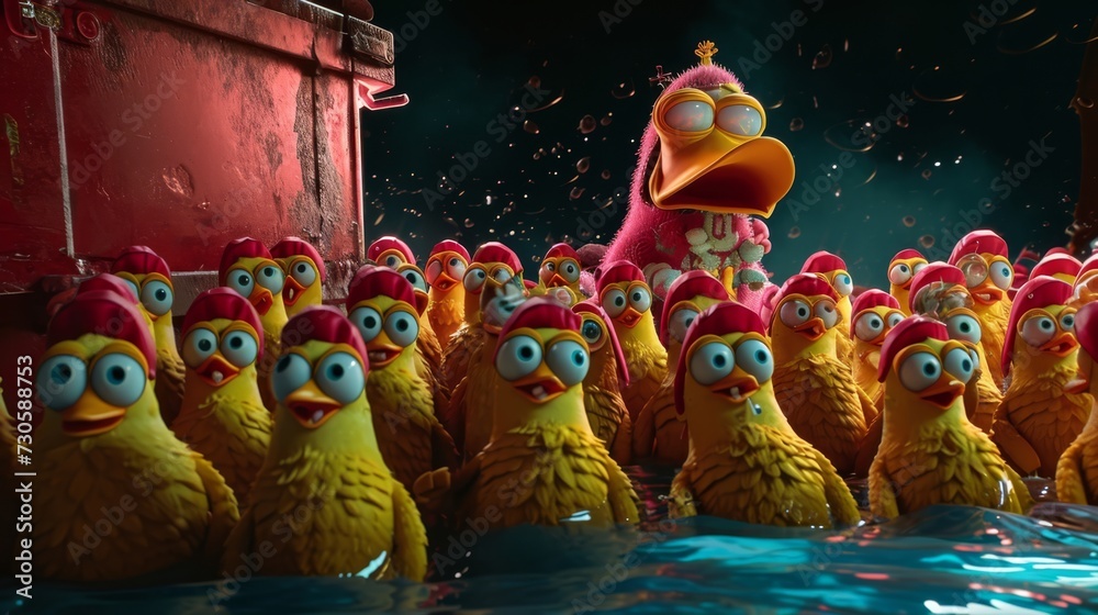 A group of aliens huddled together in fear as they watch their leader ...