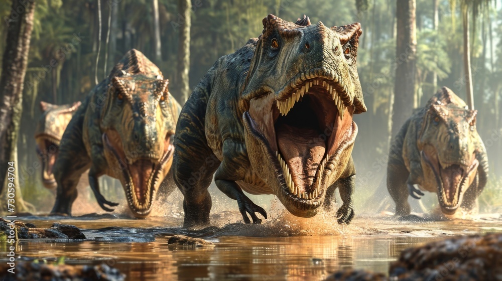 The ground trembles as a group of mive Tyrannosaurus rex stampede ...