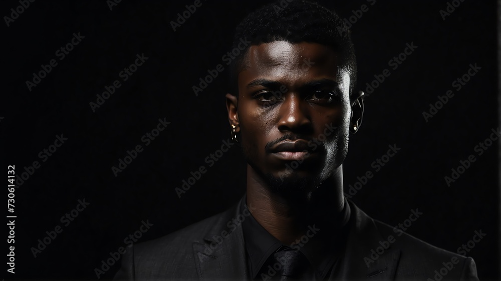 Portrait of mysterious handsome young black african man on black suit ...