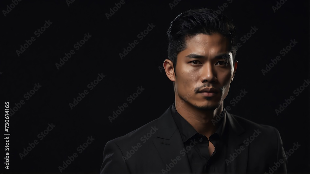 Portrait of mysterious handsome young filipino man on black suit and ...