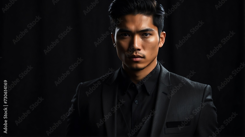 Portrait of mysterious handsome young filipino man on black suit and ...