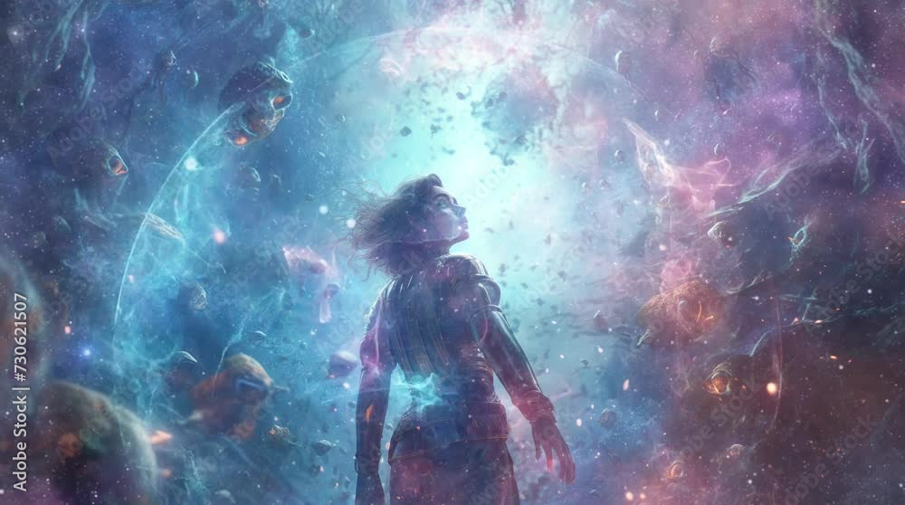 Girl Harnessing Ethereal Orbs of Energy Amidst the Cosmic Splendor of a ...