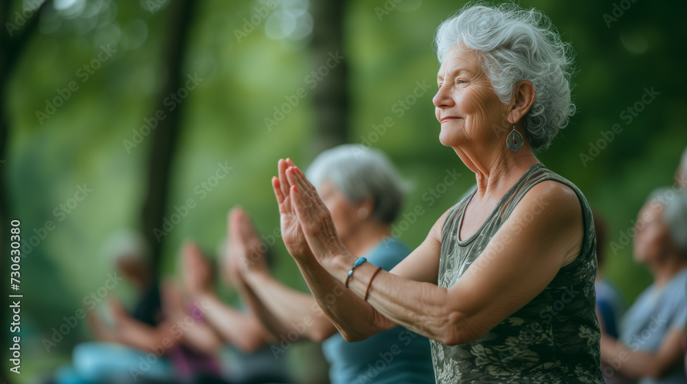An elderly woman in traditional attire performs Tai Chi, demonstrating ...