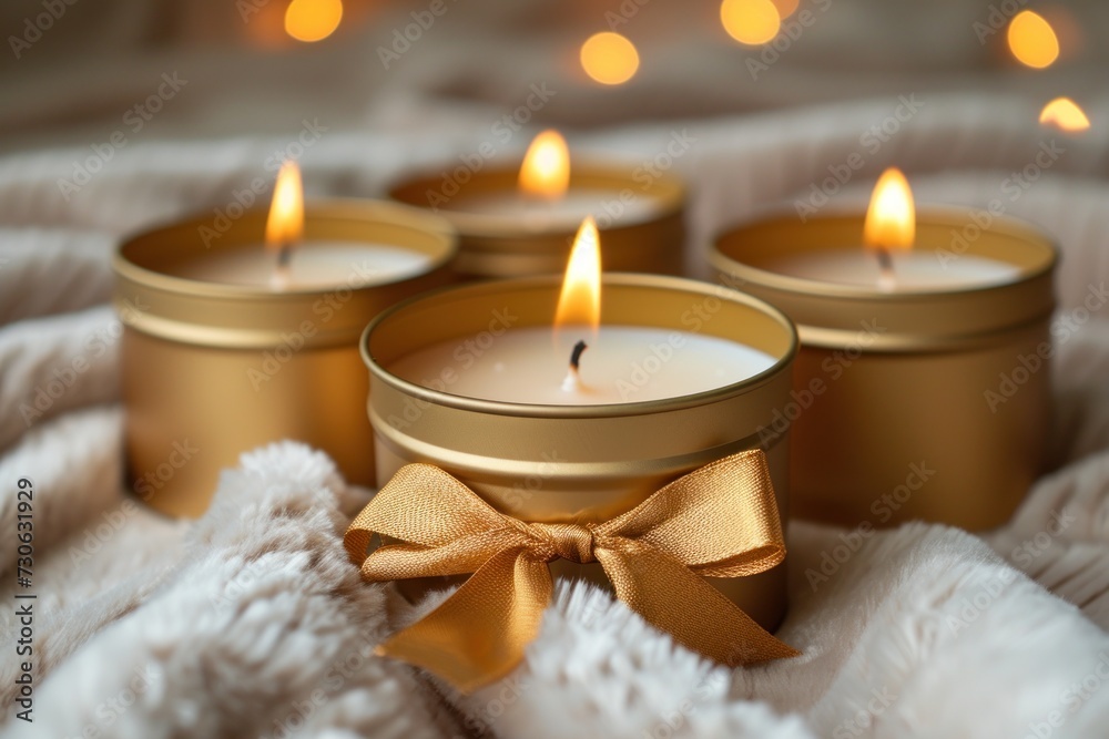 Gold tin container candles with lit wicks and decorative ribbons on a ...