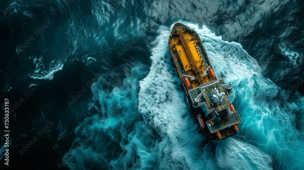 An aerial shot captures a drilling ship amidst the dynamic patterns of ...