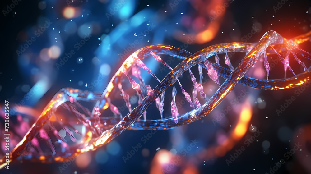3D rendering genetic diagram of human DNA under microscope Stock ...