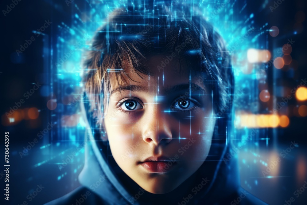 A child's face overlaid with futuristic blue digital lines and grids ... A child's face overlaid with futuristic blue digital lines and grids ...