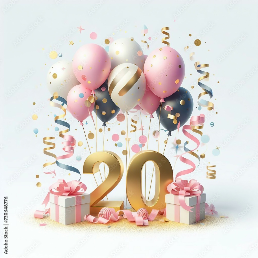 Vector Illustration of a Number 20th Birthday Balloon Celebration Cake ...