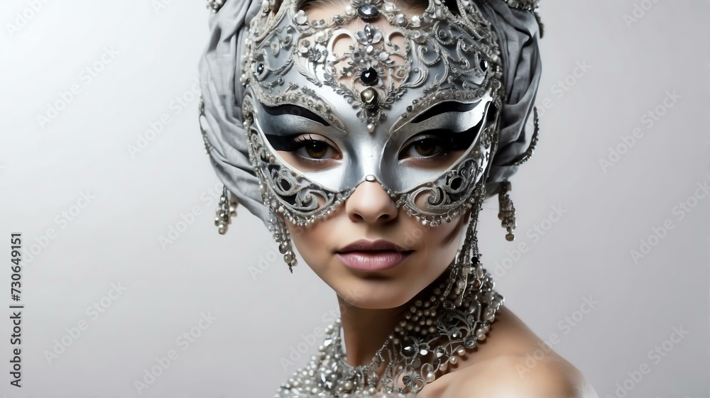 Beautiful young woman in silver mysterious venetian mask on plain white ...