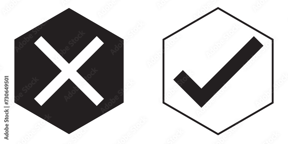 Illustration of symbols, right or wrong signs and hexagons with shadows ...