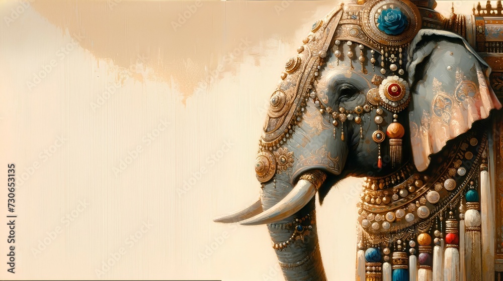 Painted elephant, decorated with flowers, gold and a blanket ...