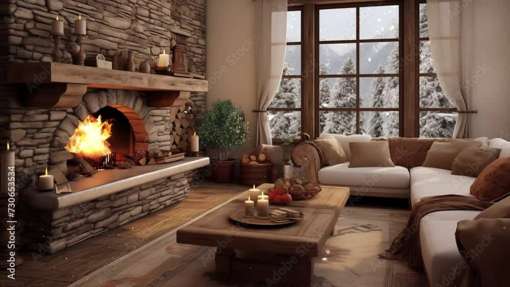 living room with fireplace in rustic style. Warm and rustic living room ...