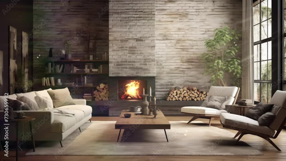 stylish living room interior with wooden floor brick. modern living ...