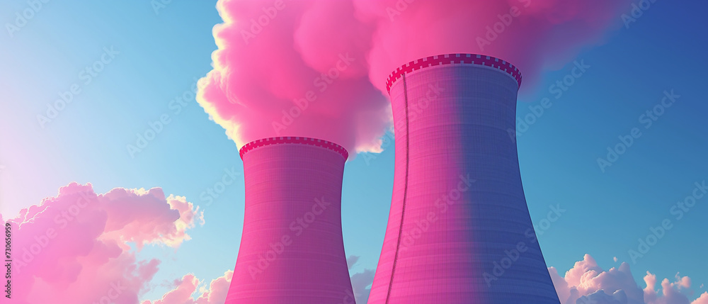 Nuclear power plant cooling towers with steams in nostalgic retro pink ...