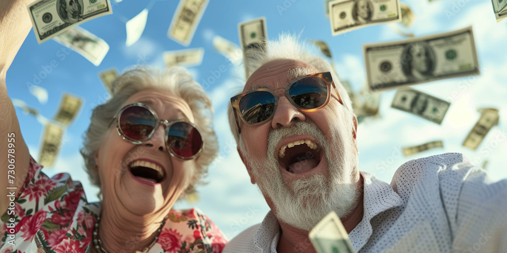Flying money banknotes around happy excited rich senior elderly couple ...