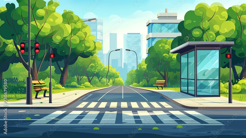 City street with road crossing and park. Vector cartoon illustration of ...