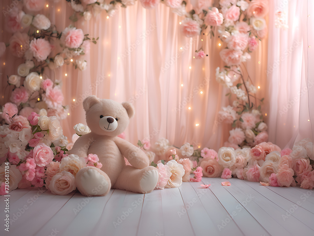 Pink Teddy Bear Digital Background for Baby Birthday Cake Smash Studio ...