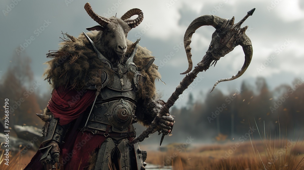 "Epic Guardian: The Strong Goat Humanoid, Clad in Tanky Armor, Wielding ...