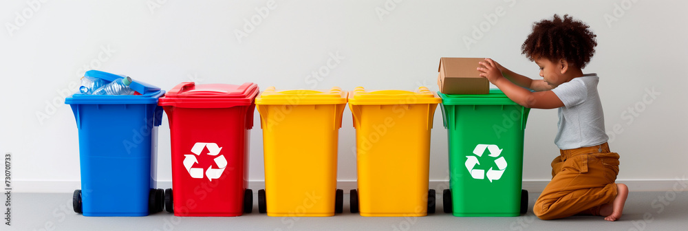 Small black boy with containers for separate waste collection. Early ...
