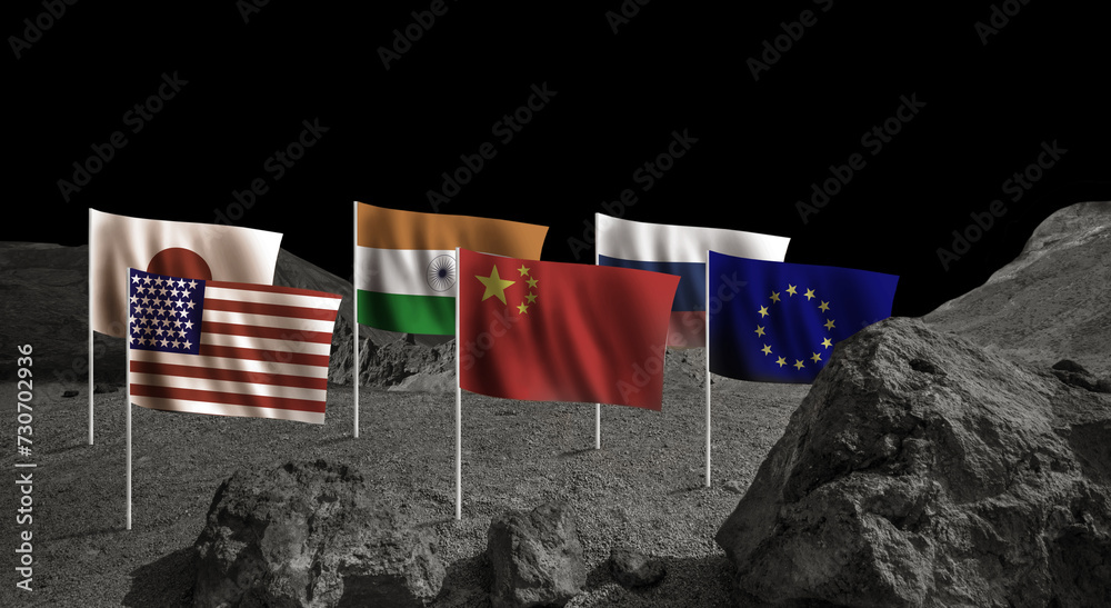 Flags on Moon Earth's satellite background. Exploration and science ...