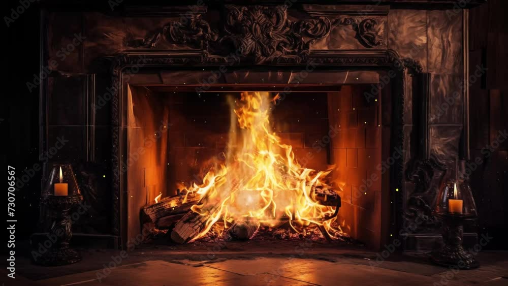 fire burns in the fireplace. fireplace with burning logs. seamless ...