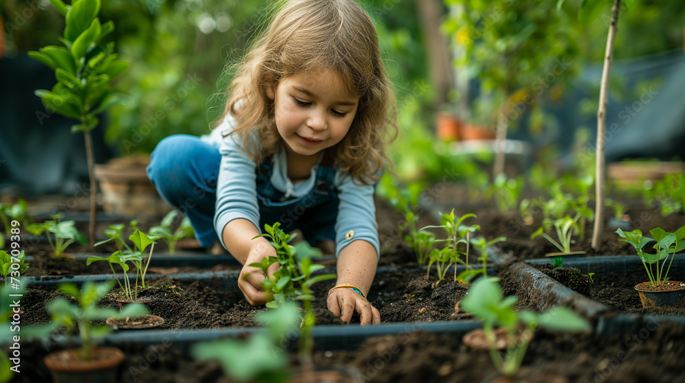 Young girl gardener, planting fresh vegetables in her backyard. Stock ...