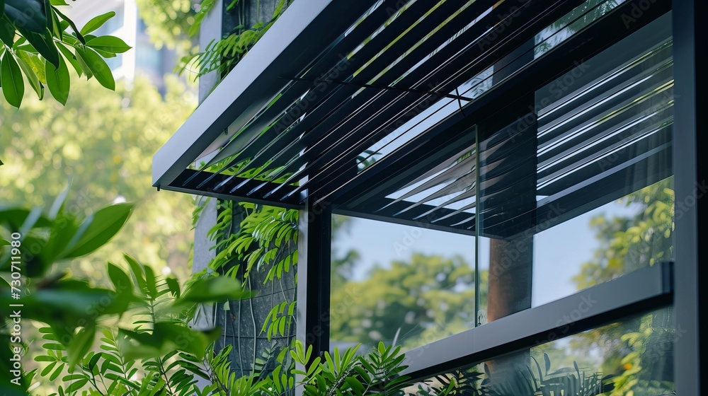 Awning window frame open, black metal detail with nature view and free ...