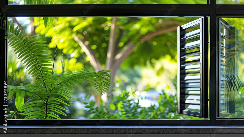Awning window frame open, black metal detail with nature view and free ...